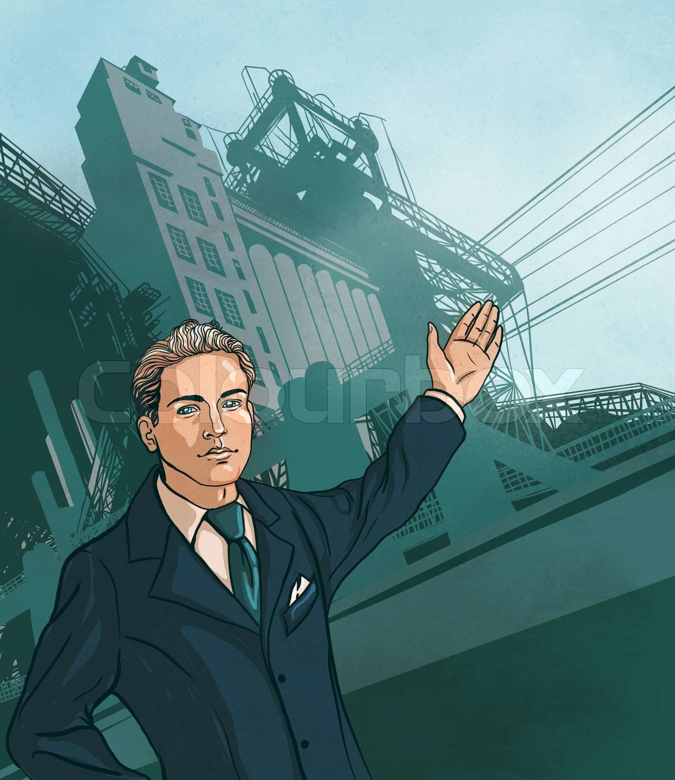 Handsom man in business suit shows industrial production | Stock image ...