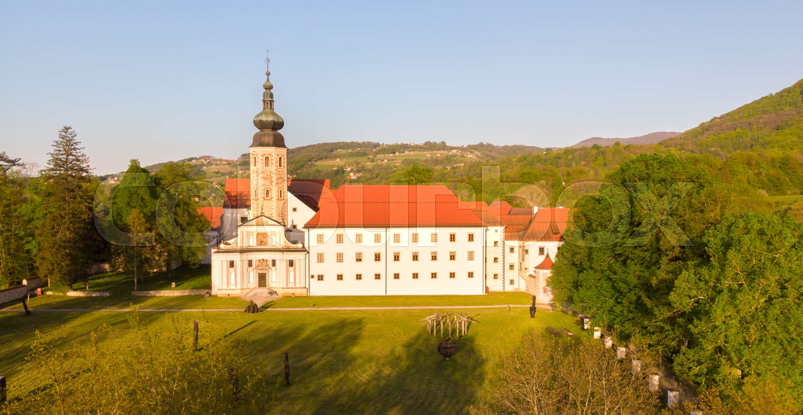 Aerial view of Cistercian monastery Kostanjevica na Krki, homely ...