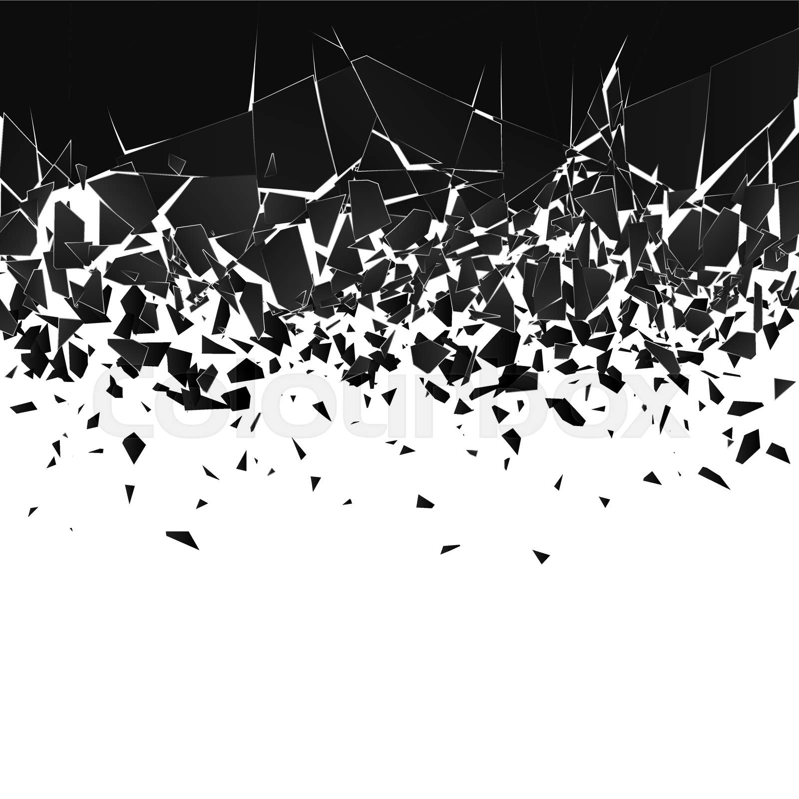 Abstract cloud of pieces and fragments after explosion. Shatter and ...