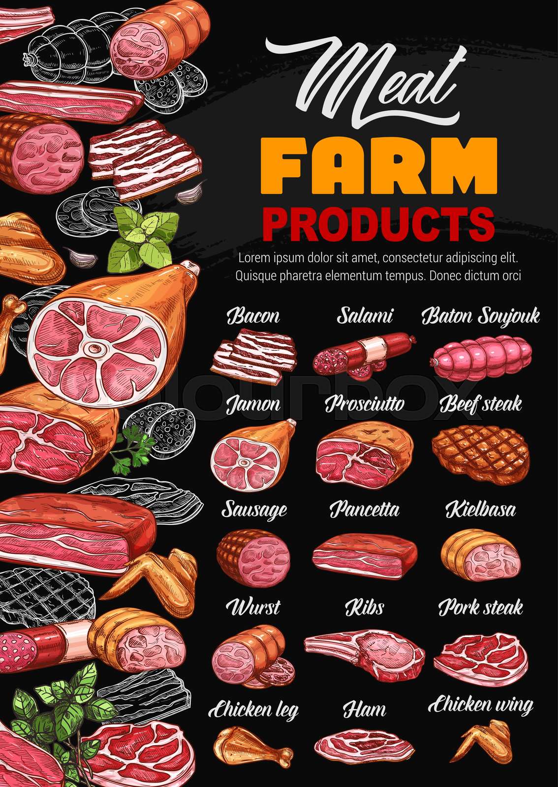 Meat products, butcher shop sausages price menu | Stock vector | Colourbox