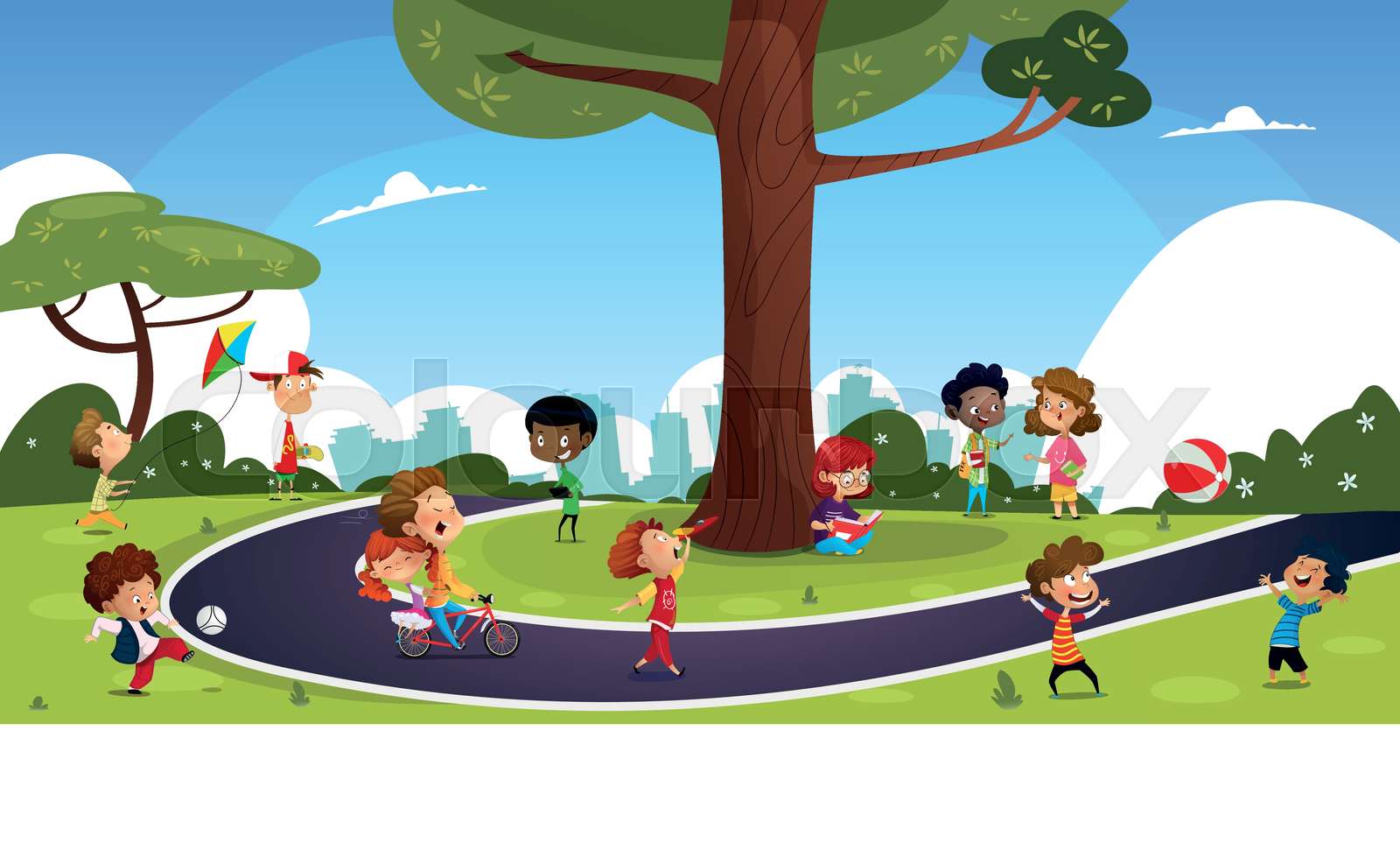 Many cartoon children play in the summer park. | Stock vector | Colourbox