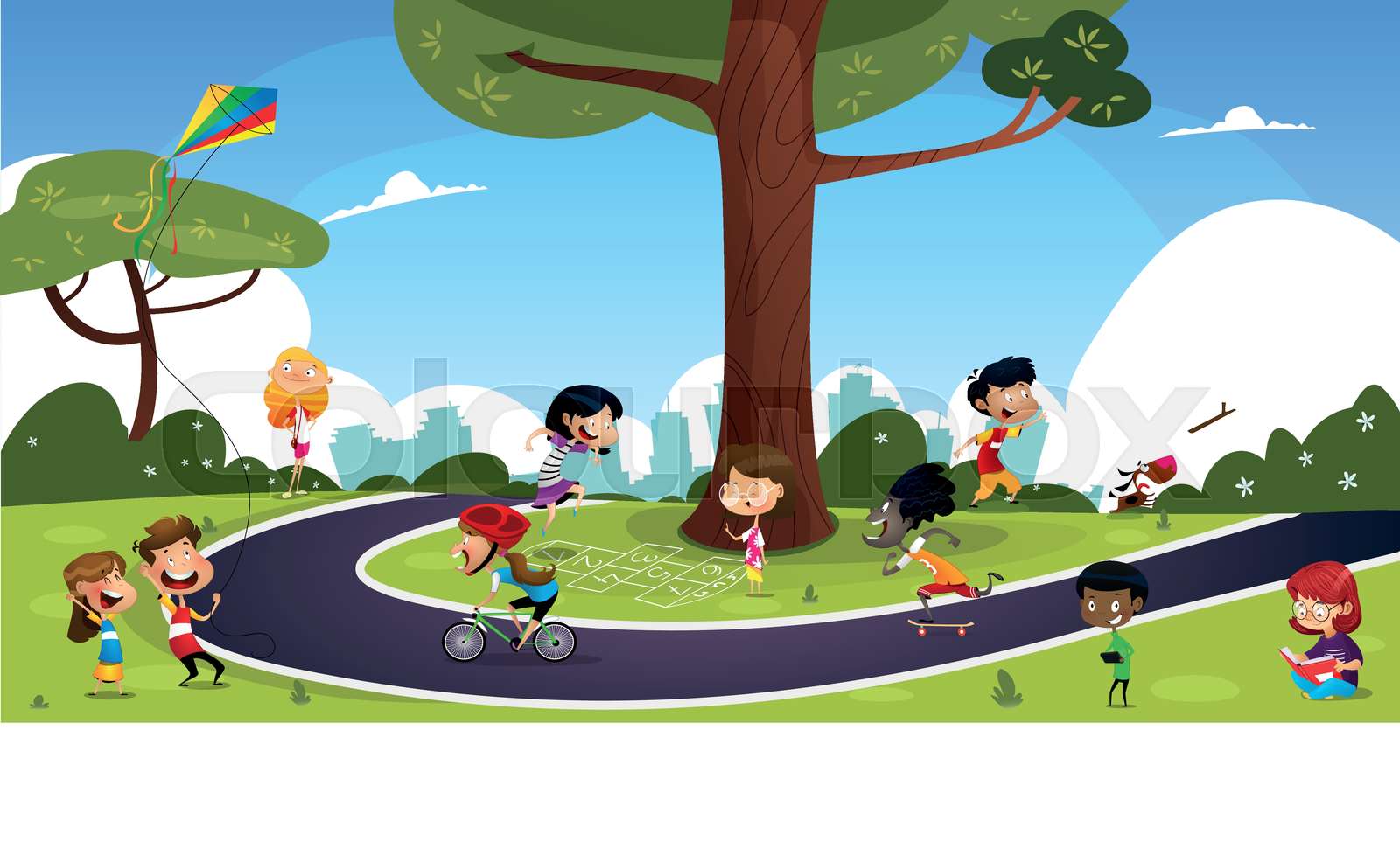 Many cartoon children play in the summer park. | Stock vector | Colourbox