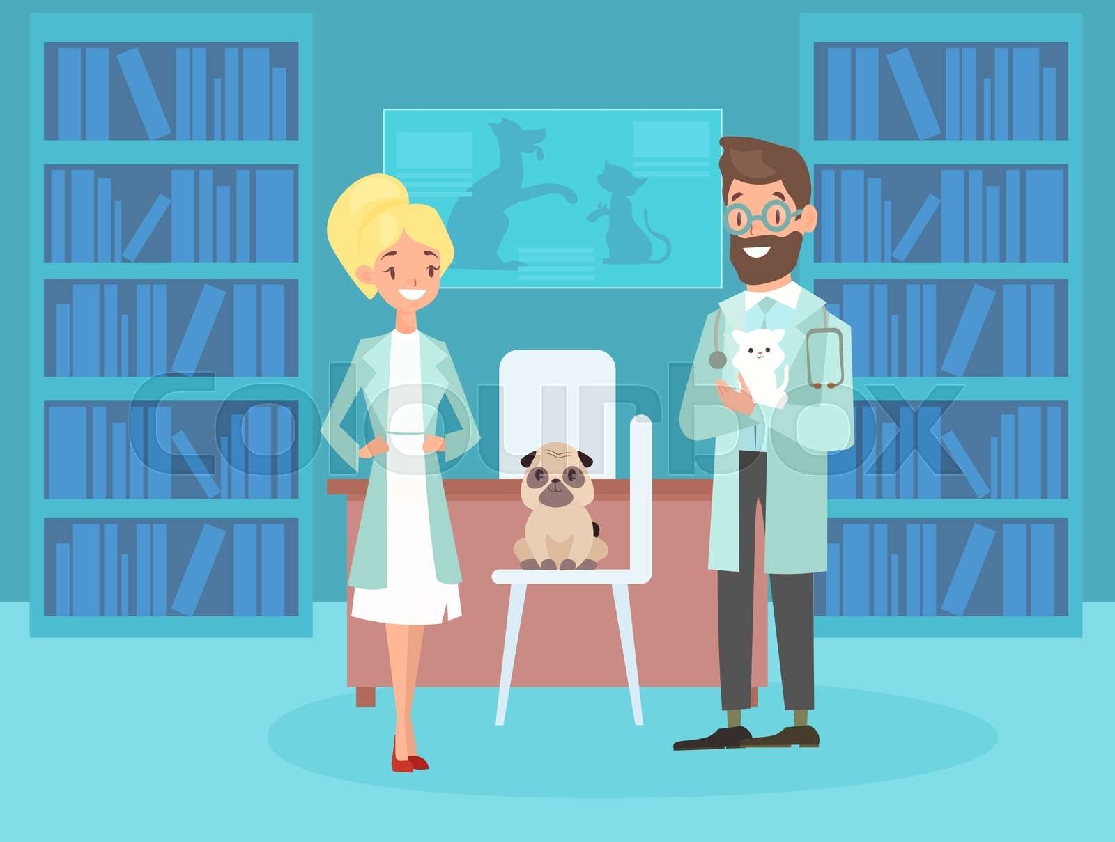 Vector illustration of smiling male female veterinarians. Vet pet ...