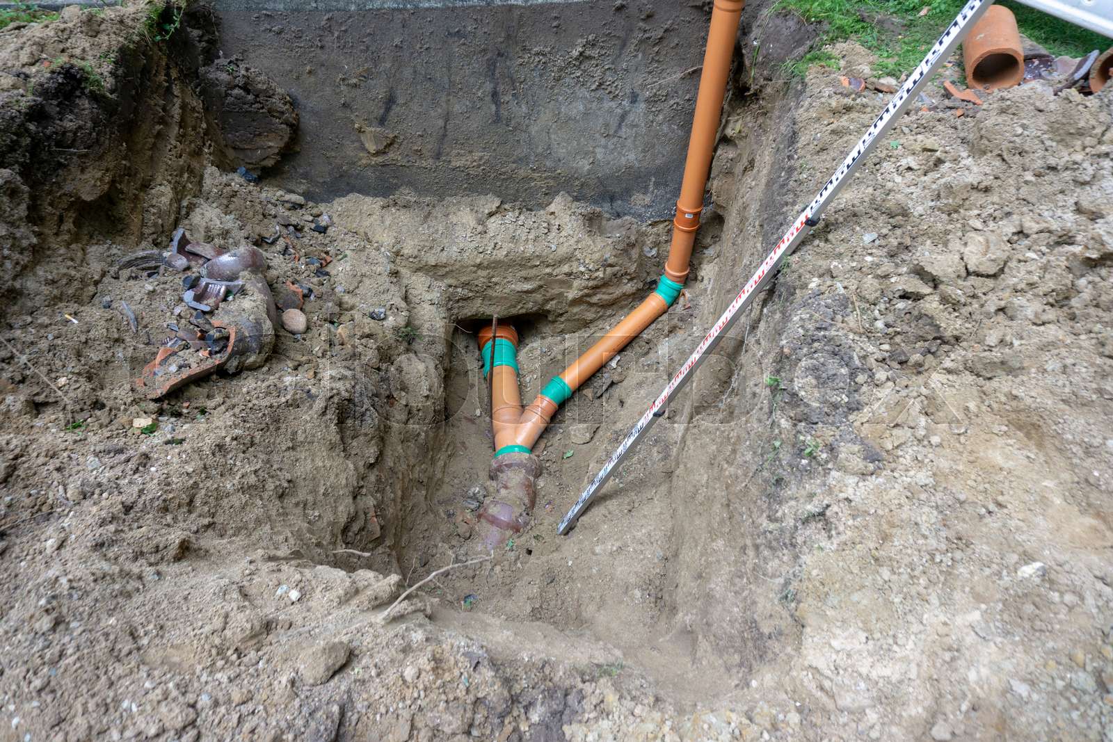 Construction site for the connection of a rainwater pipe. | Stock image ...