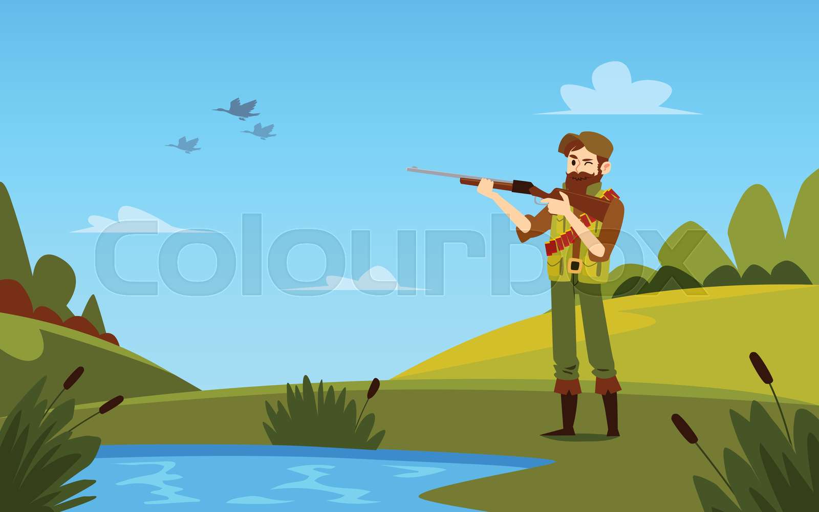 Man stands holding shotgun to duck hunting outdoors cartoon style ...