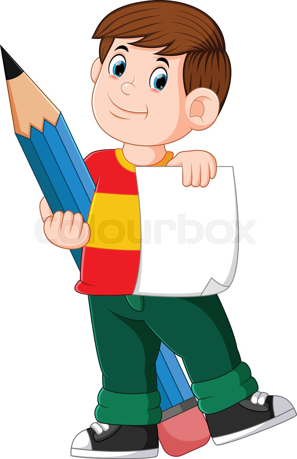 the clever boy is holding the paper and the big pencil | Stock vector ...