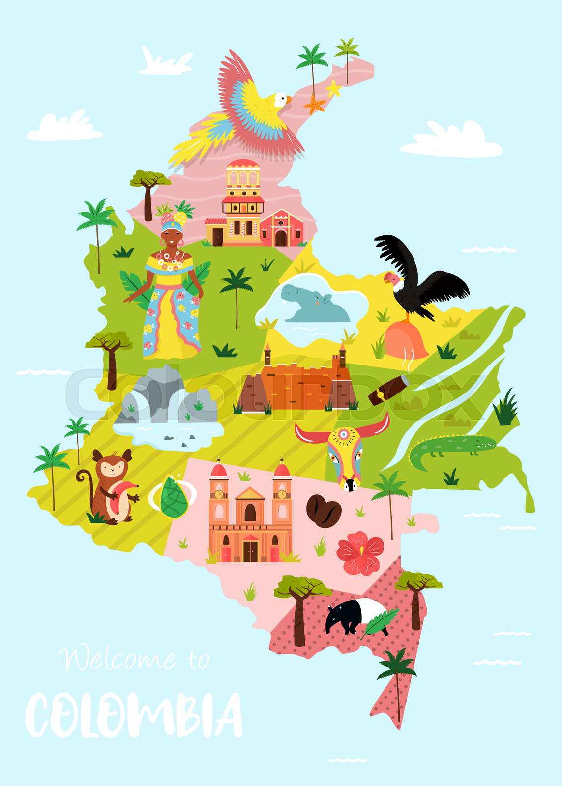 Bright illustrated map of Colombia. Travel banner | Stock vector ...