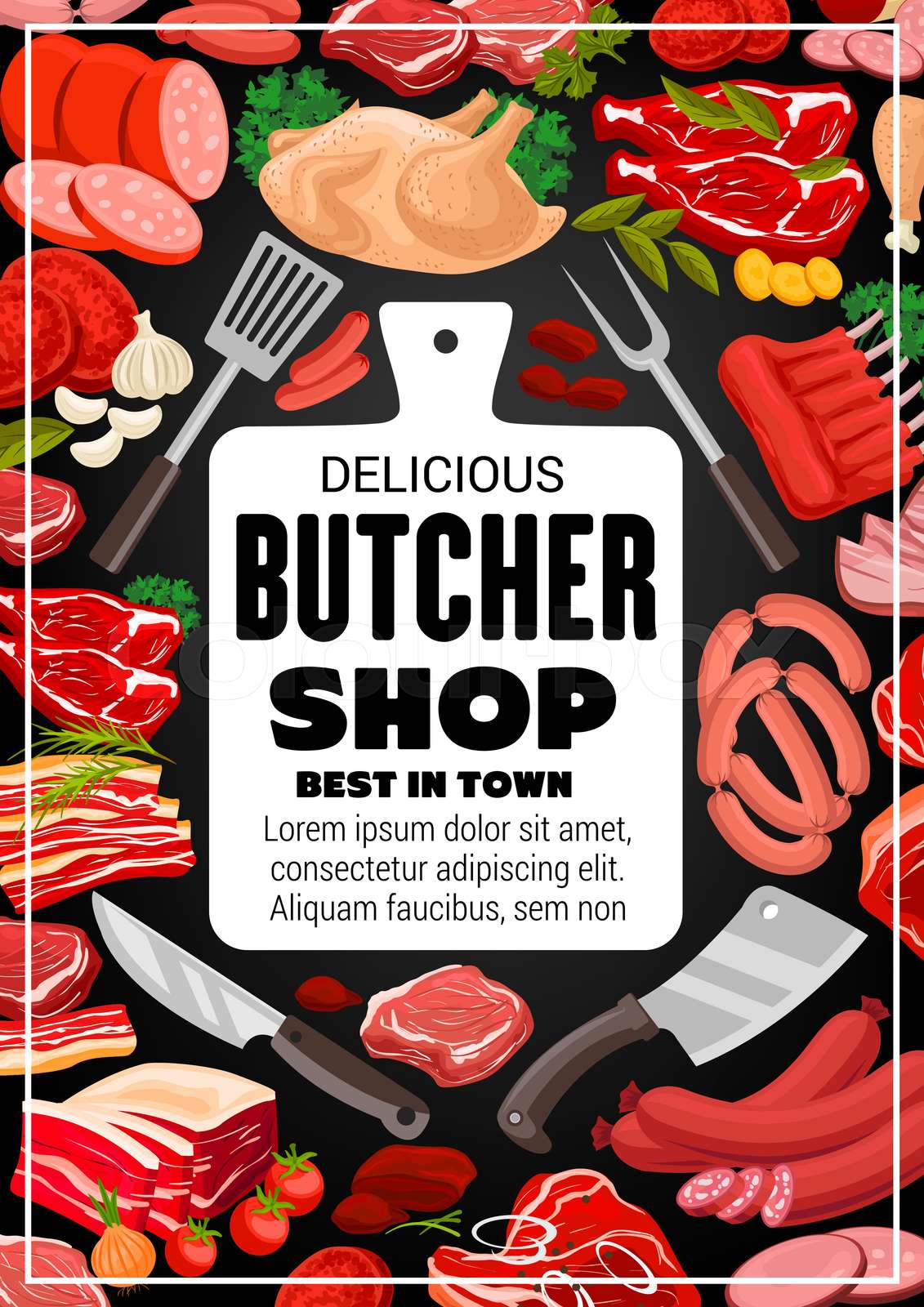 Butchery meat beef, butcher shop gourmet sausages | Stock vector ...
