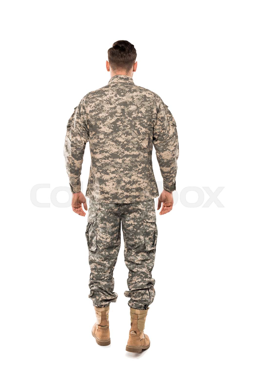 back view of soldier in uniform standing isolated on white | Stock ...