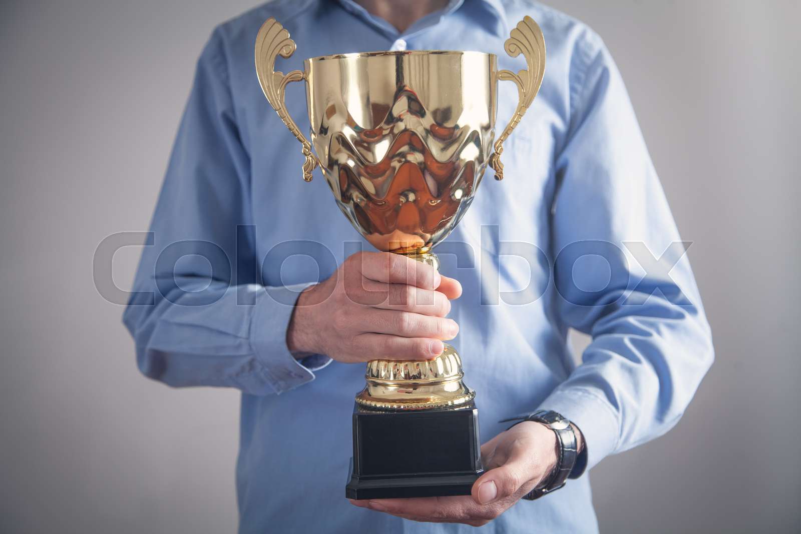 Businessman Holding Golden Trophy Business Success Stock Image