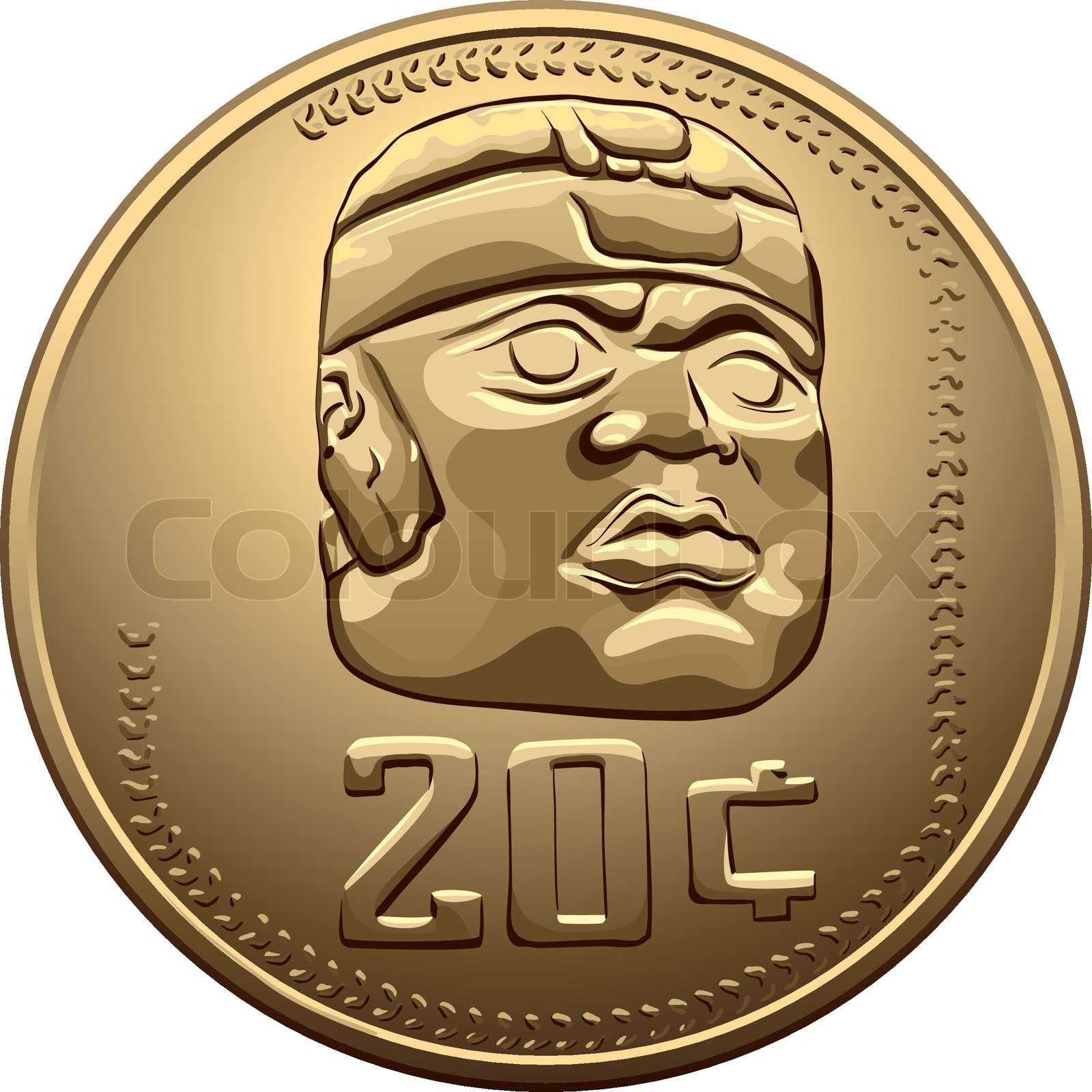 Mexican vector money gold coin 20 centavos, with the Indian head ...