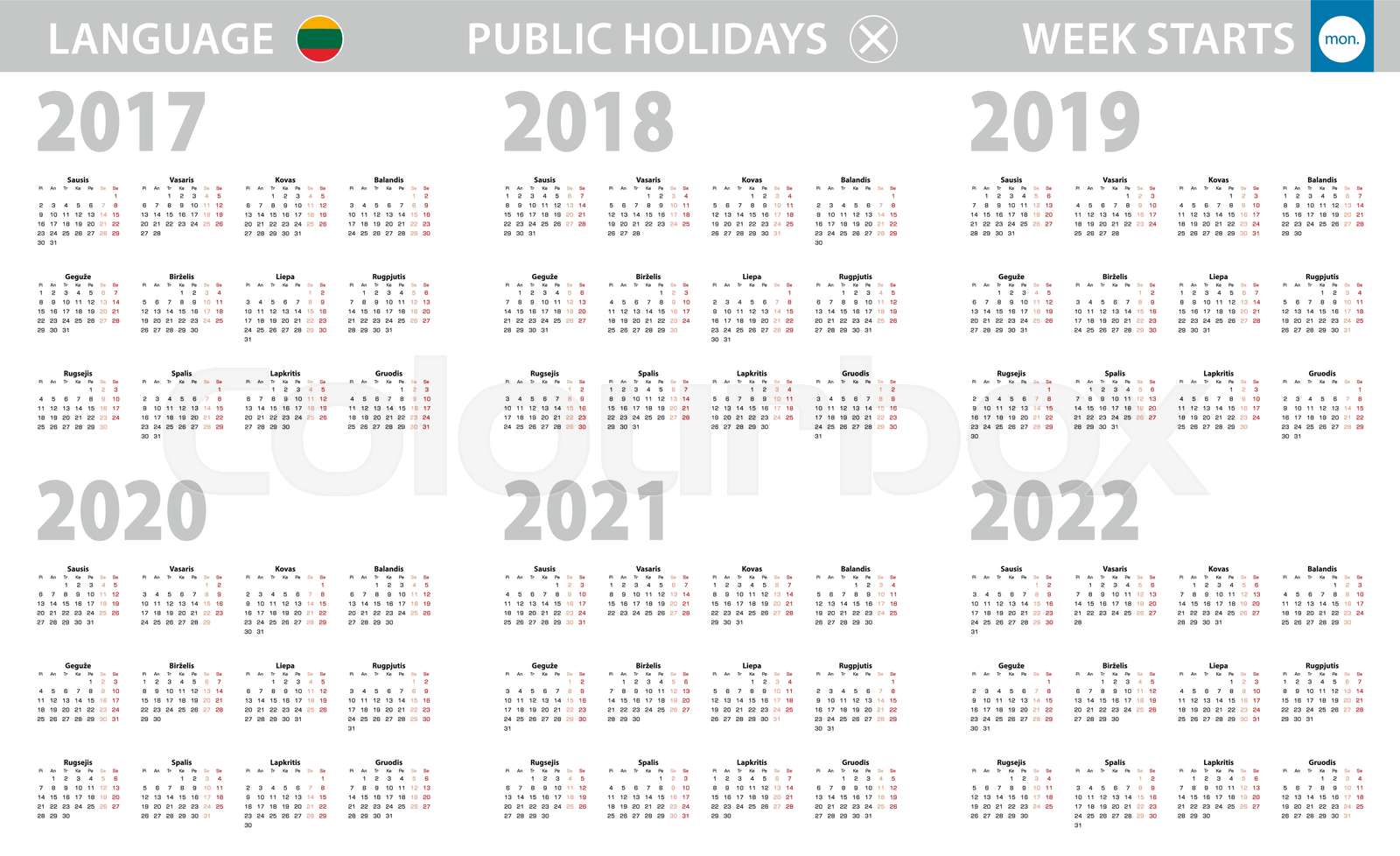 Calendar in Lithuanian language for year 2017, 2018, 2019, 2020, 2021 ...