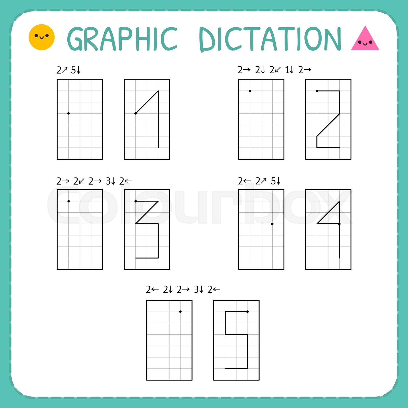 Graphic dictation. Numbers 1-5. Kindergarten educational game for kids ...
