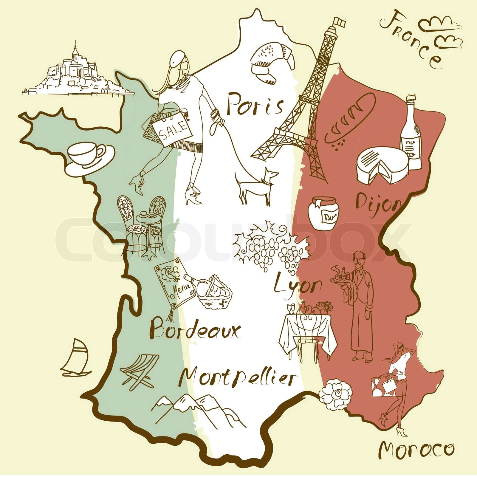 Stylized map of France Things that different Regions in France are ...