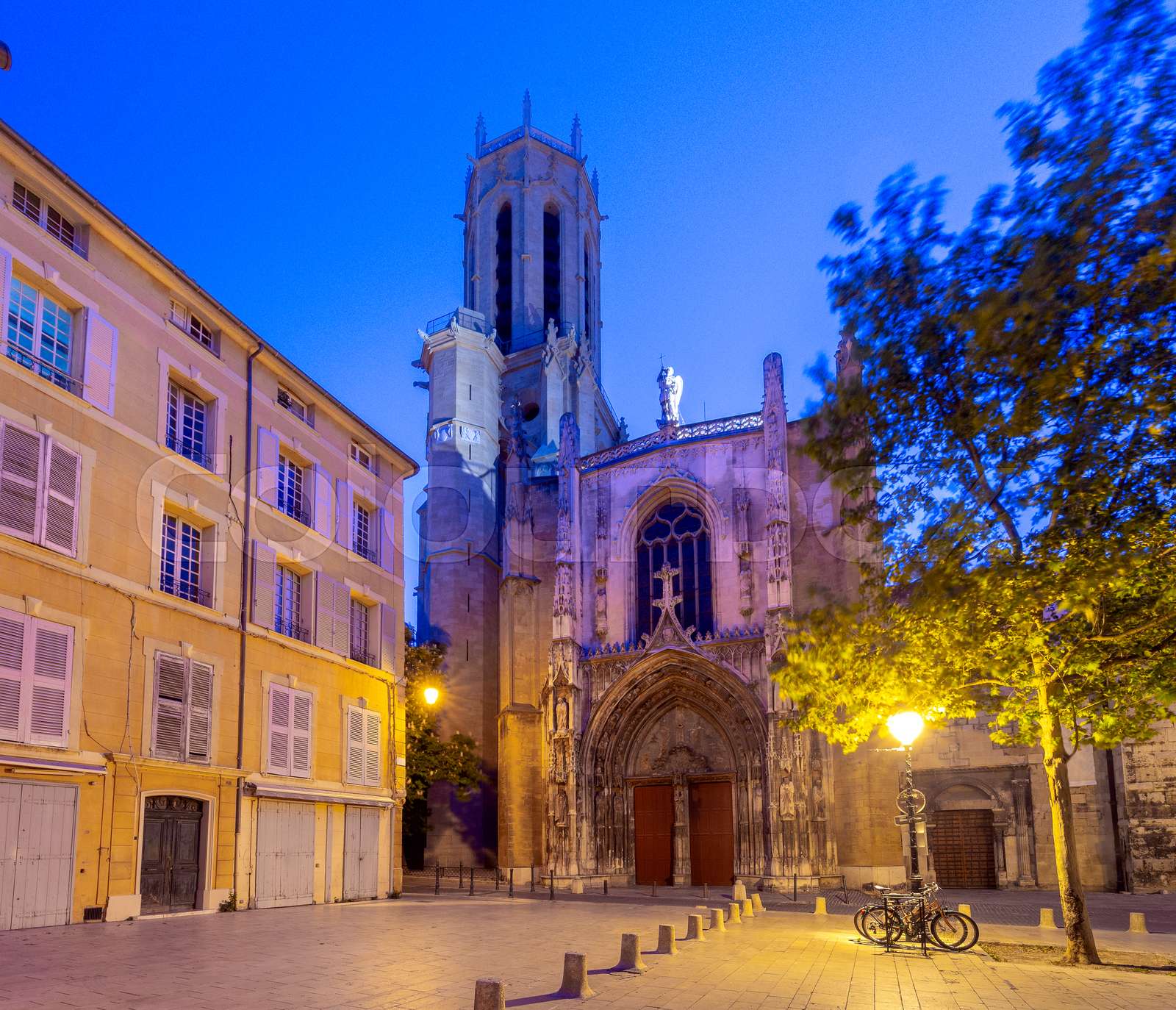 Aix-en-Provence. The facade of the old catholic cathedral at sunrise ...