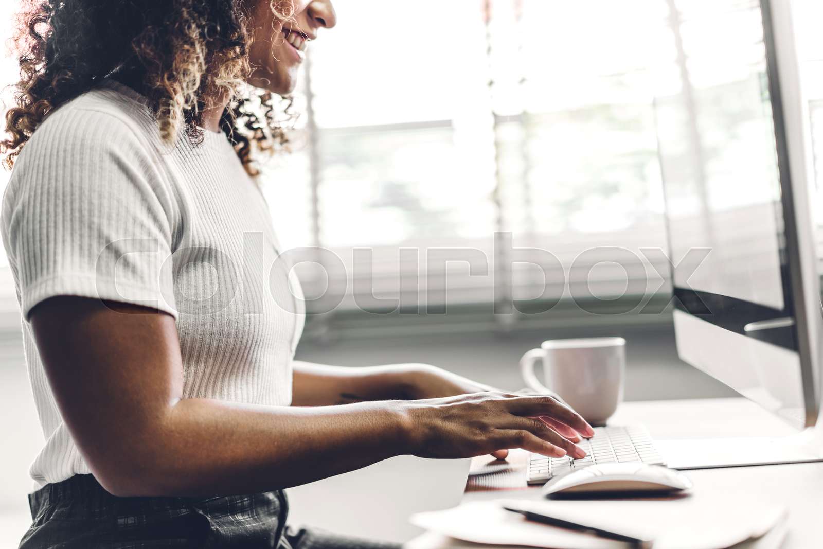 African american black woman using computer with white mockup blank ...