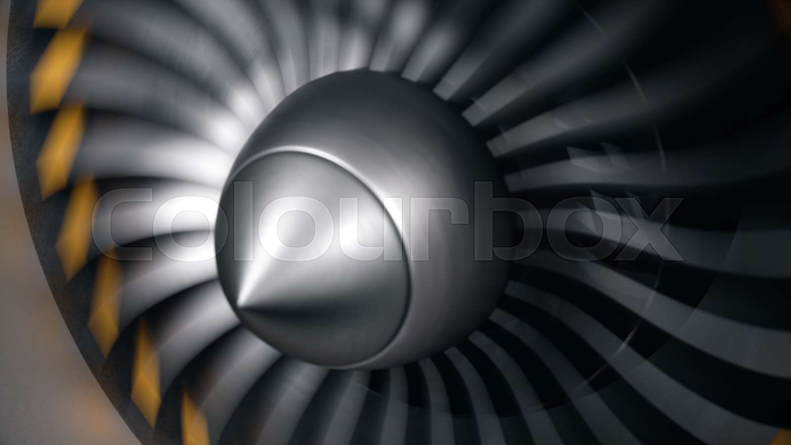 Jet engine, close-up view blades. Engine blades at the ends painted ...