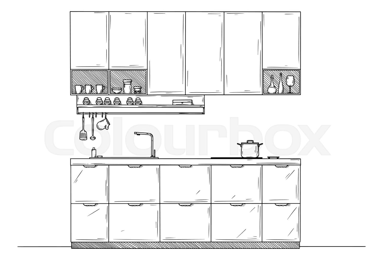 Sketch of the kitchen, front view. Vector | Stock vector | Colourbox