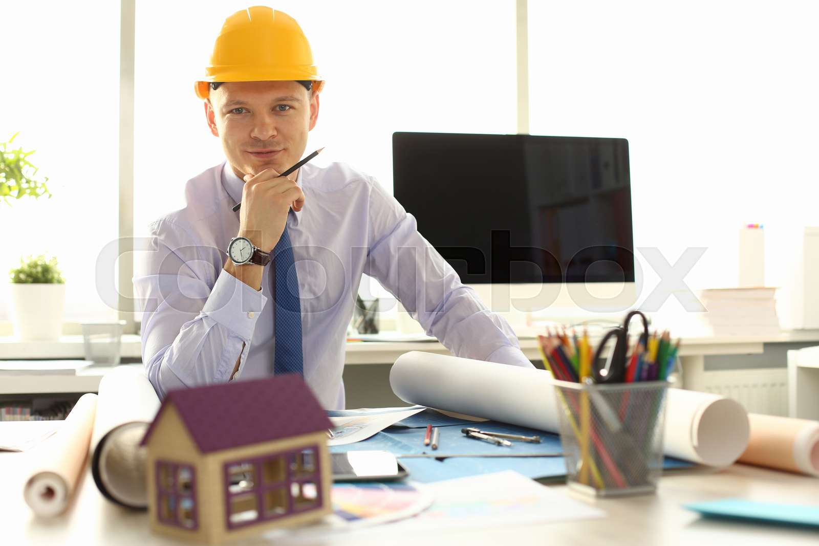 Engineer Draw Design Creative Building Blueprint | Stock image | Colourbox