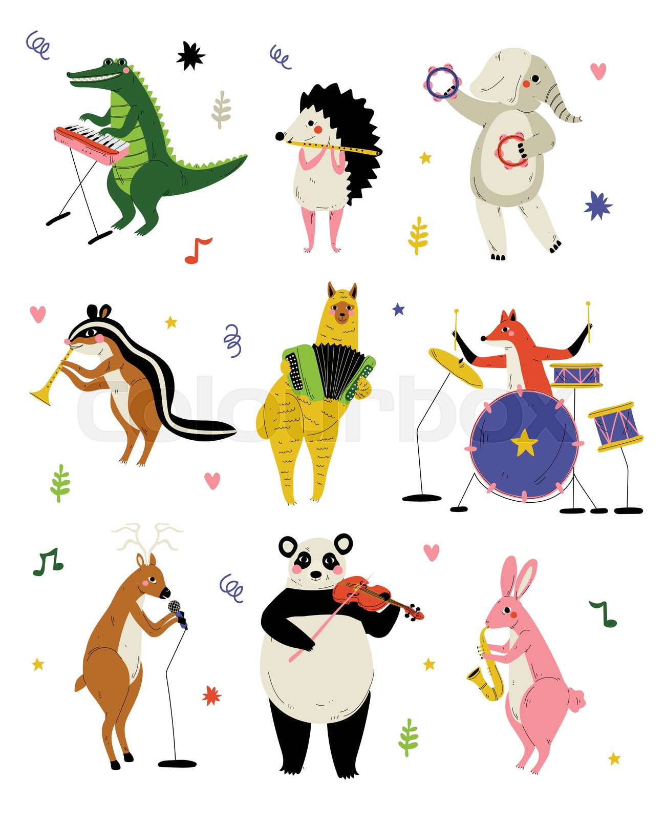 Collection of Cute Cartoon Animals Musicians Characters Playing Various ...