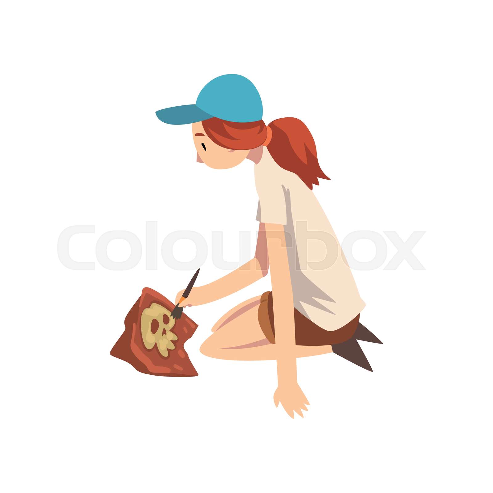 Female Archaeologist Sitting on Ground and Sweeping Dirt from Bones of ...