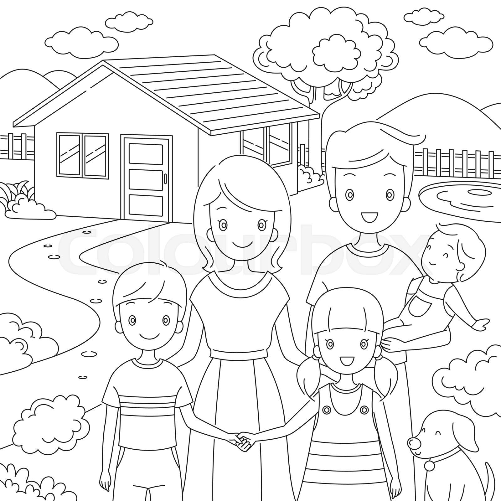 Happy Family In Front Of House Drawing