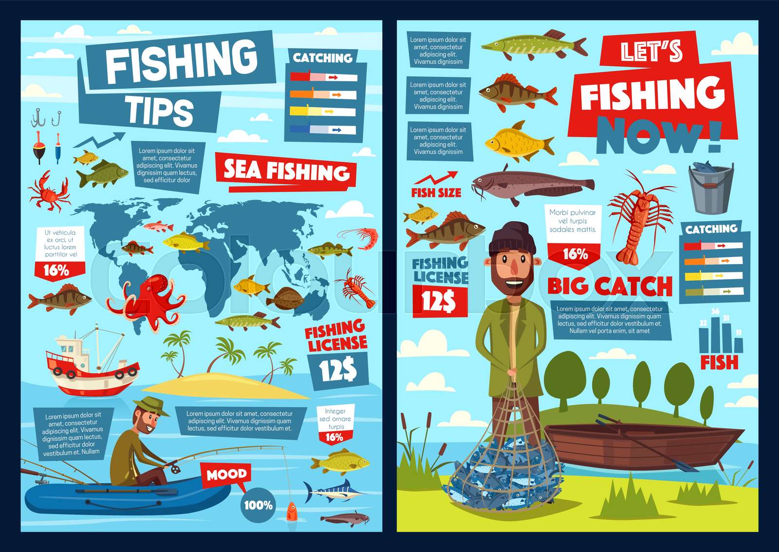 Fishing and fish catch equipment infographic | Stock vector | Colourbox