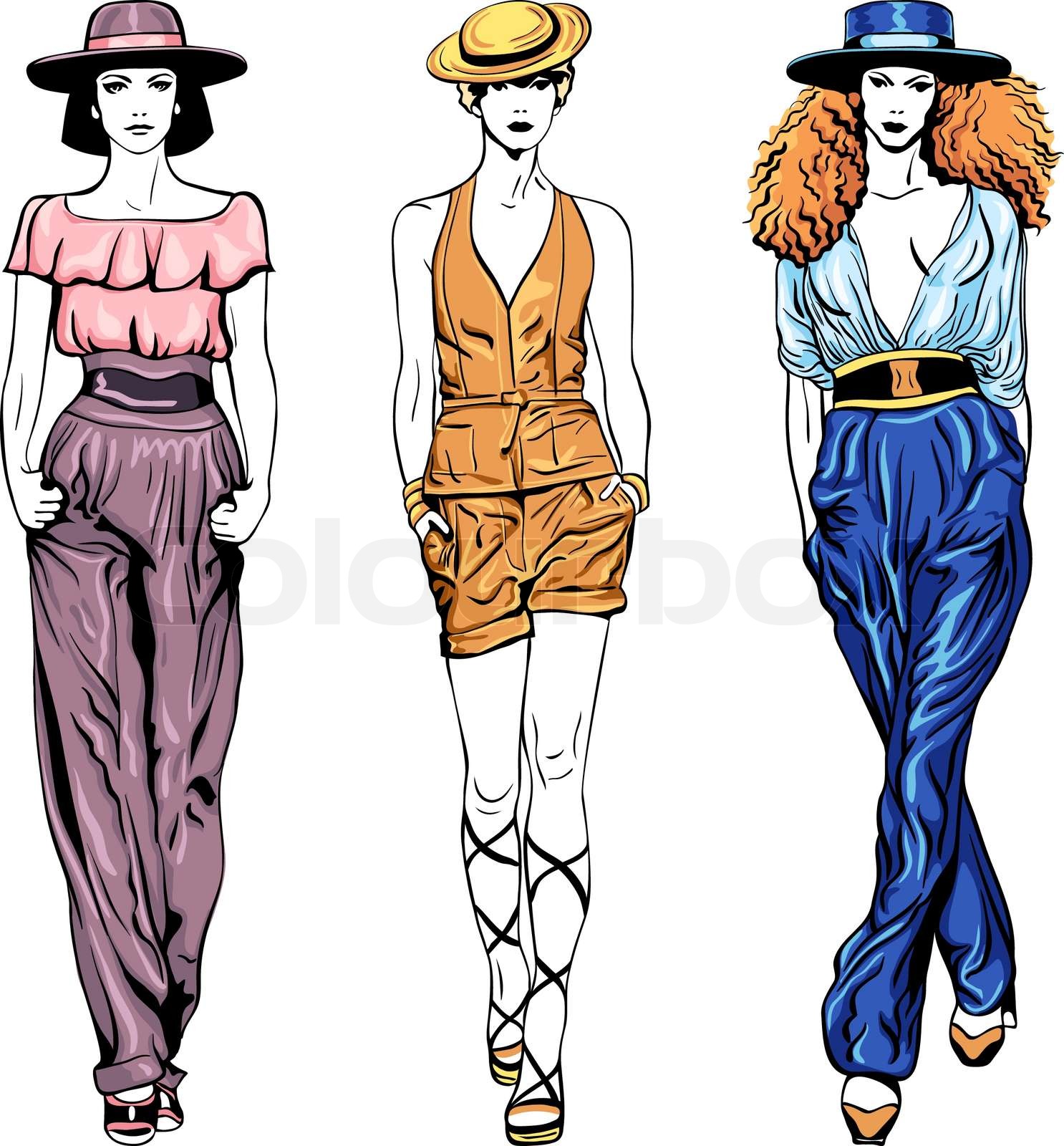 Vector set fashion top models in trouser suits and hats | Stock vector ...