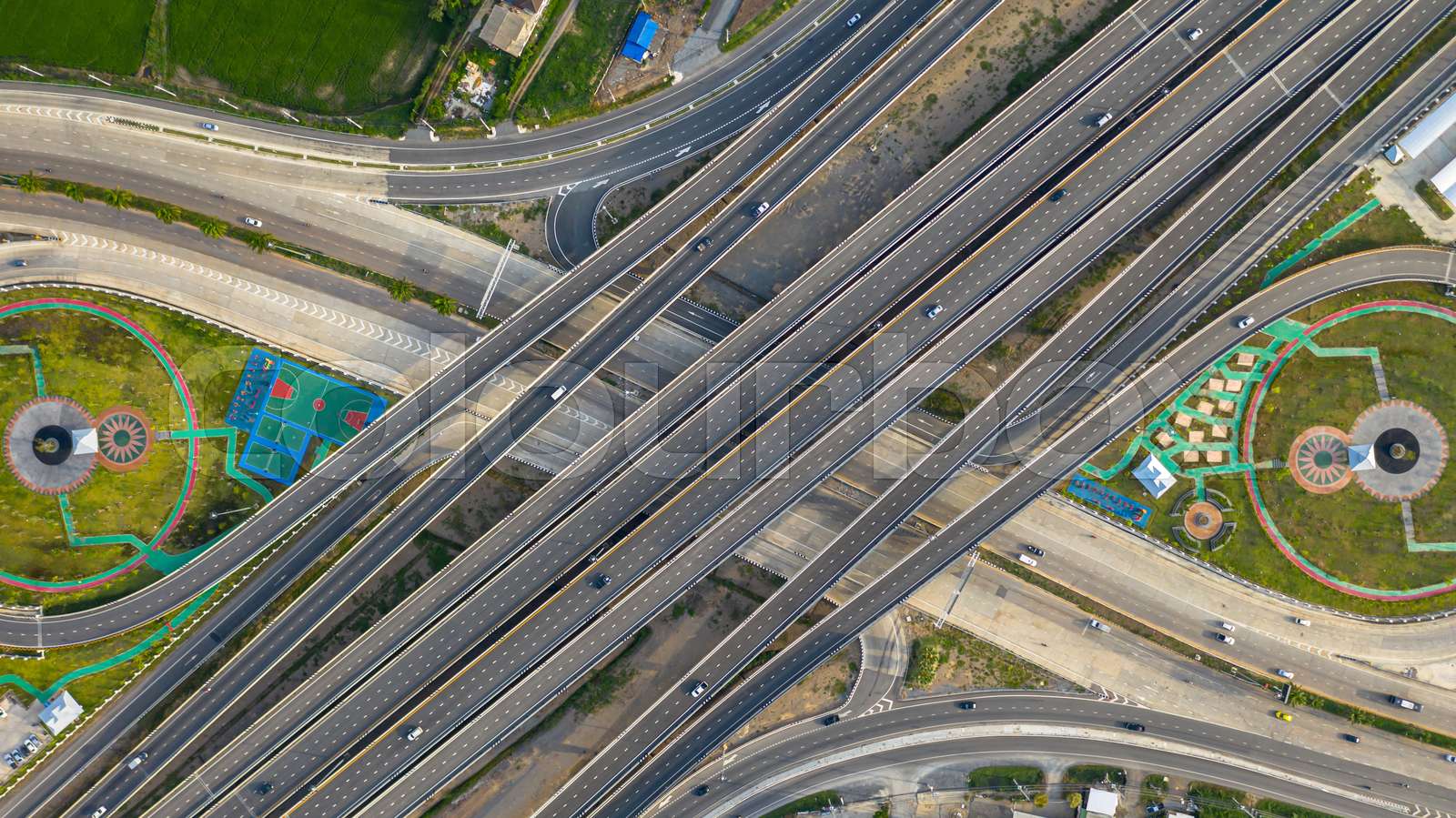 Aerial top view of highway, Transport city junction road with car on ...