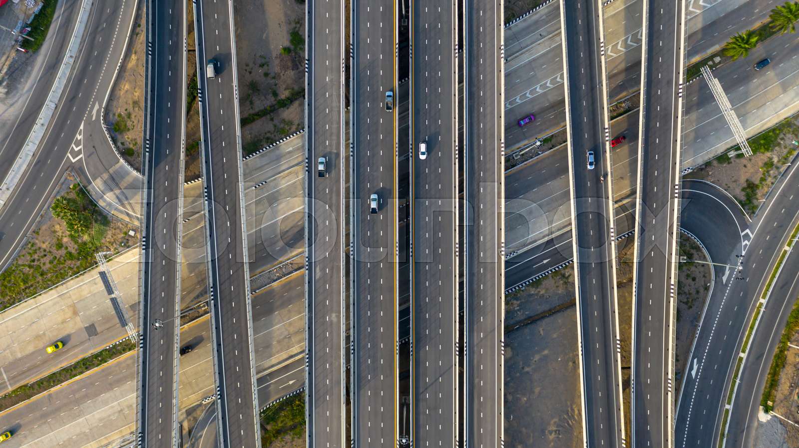 Aerial top view of highway, Transport city junction road with car on ...