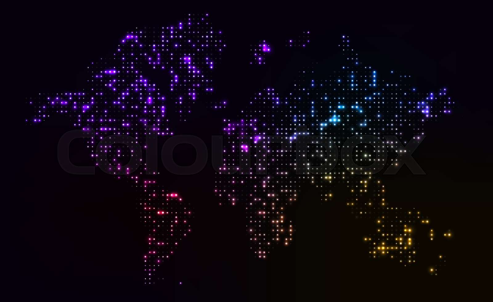 Global big data analysis visualized as glowing dotted world map ...