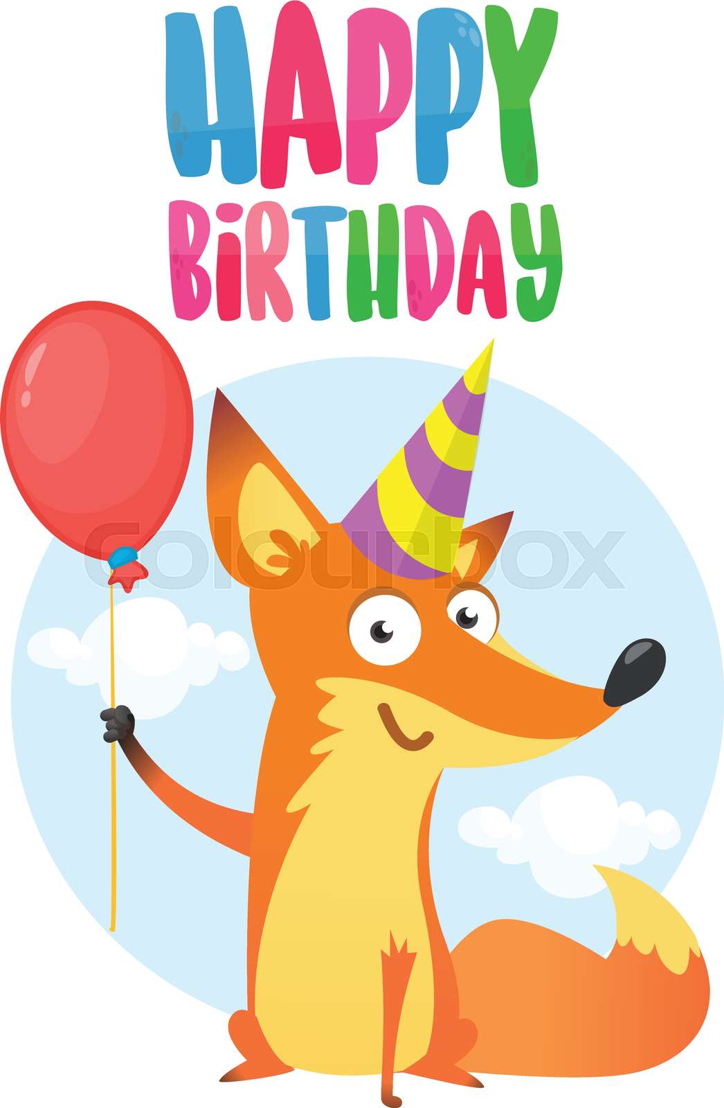 Funny cartoon fox holding red balloon and birthday party hat | Stock ...