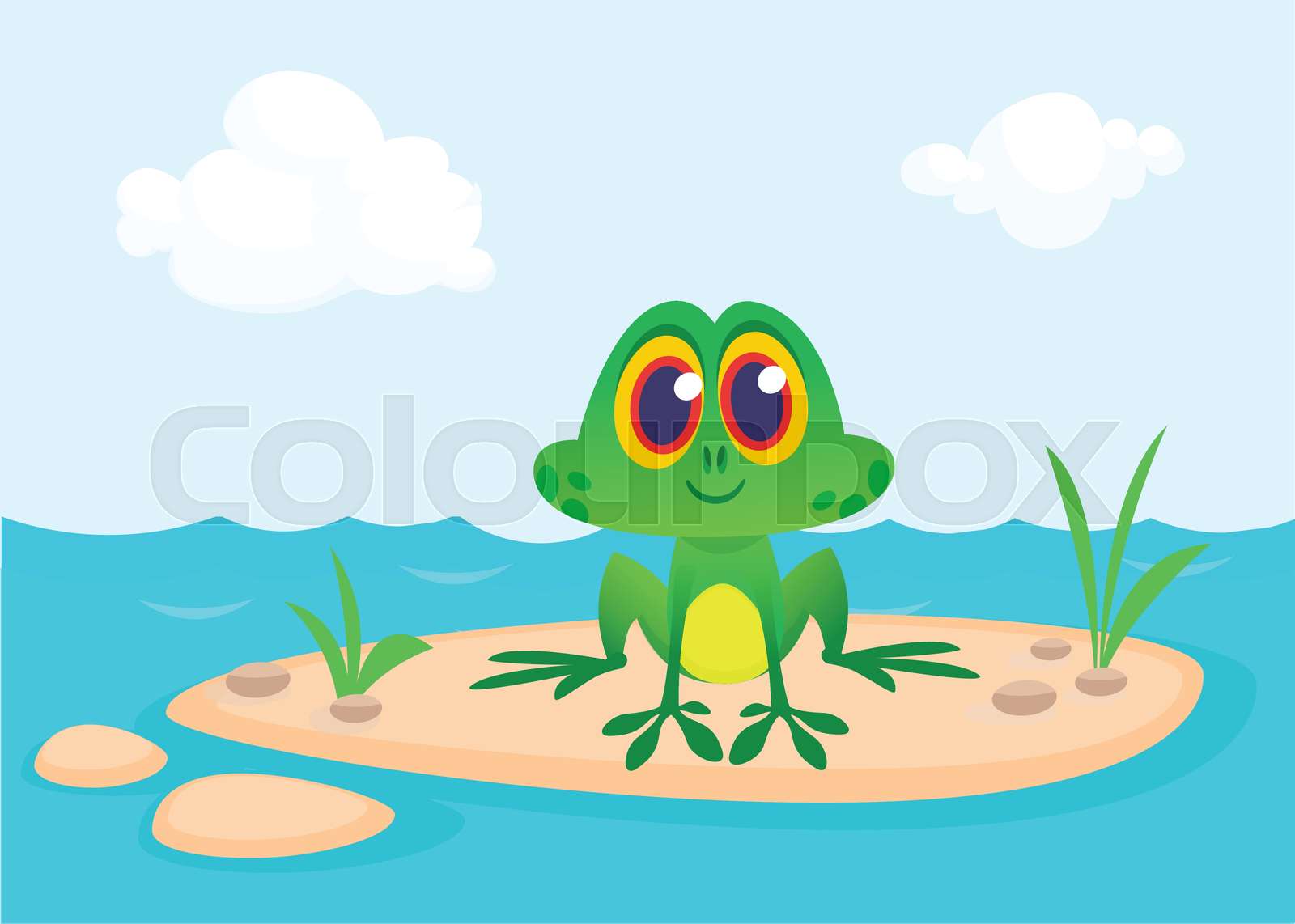 The frog sits on a large rock. Cute vector illustration of a cartoon ...