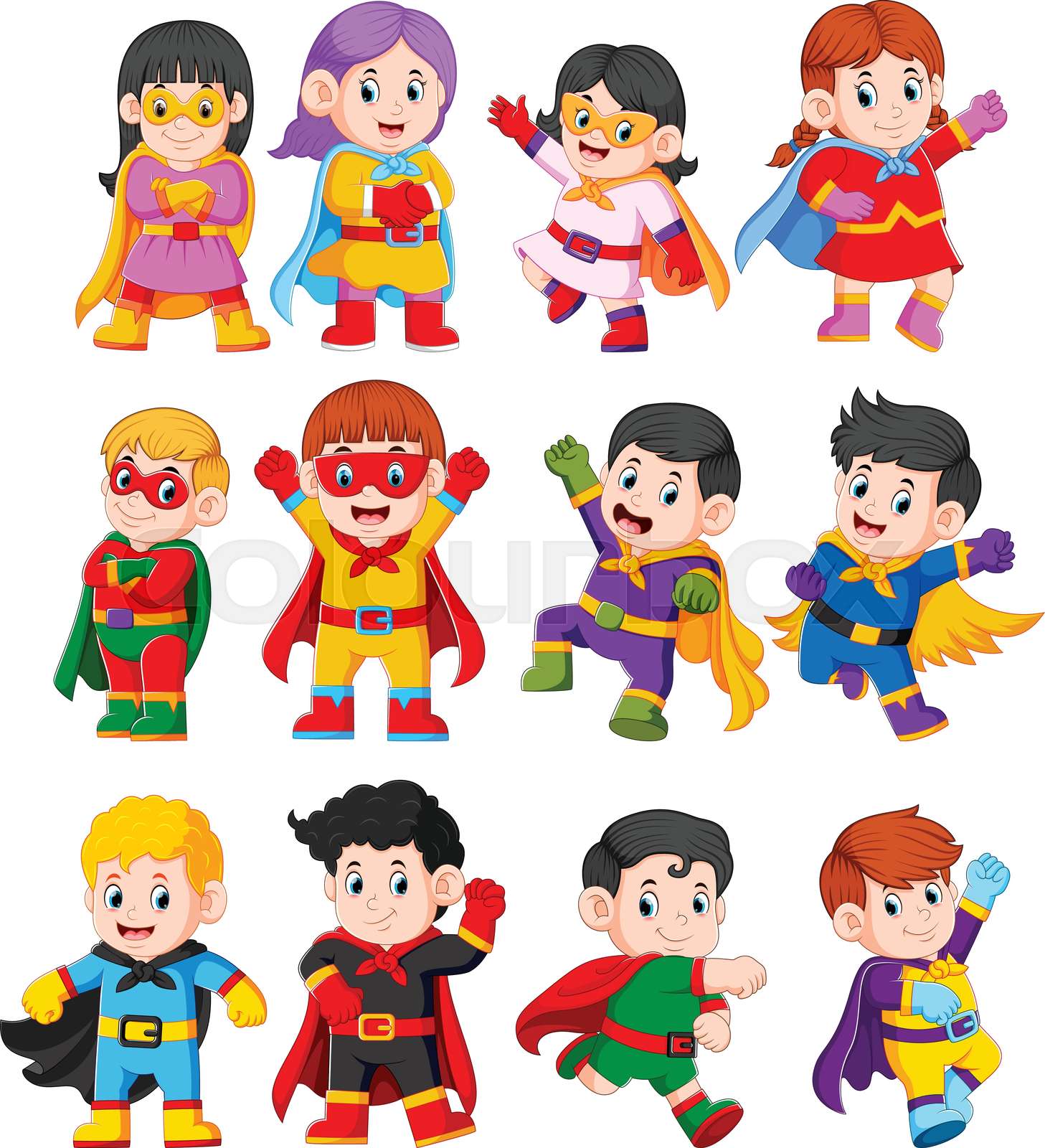 the collection of the children using the superheroes costume | Stock ...