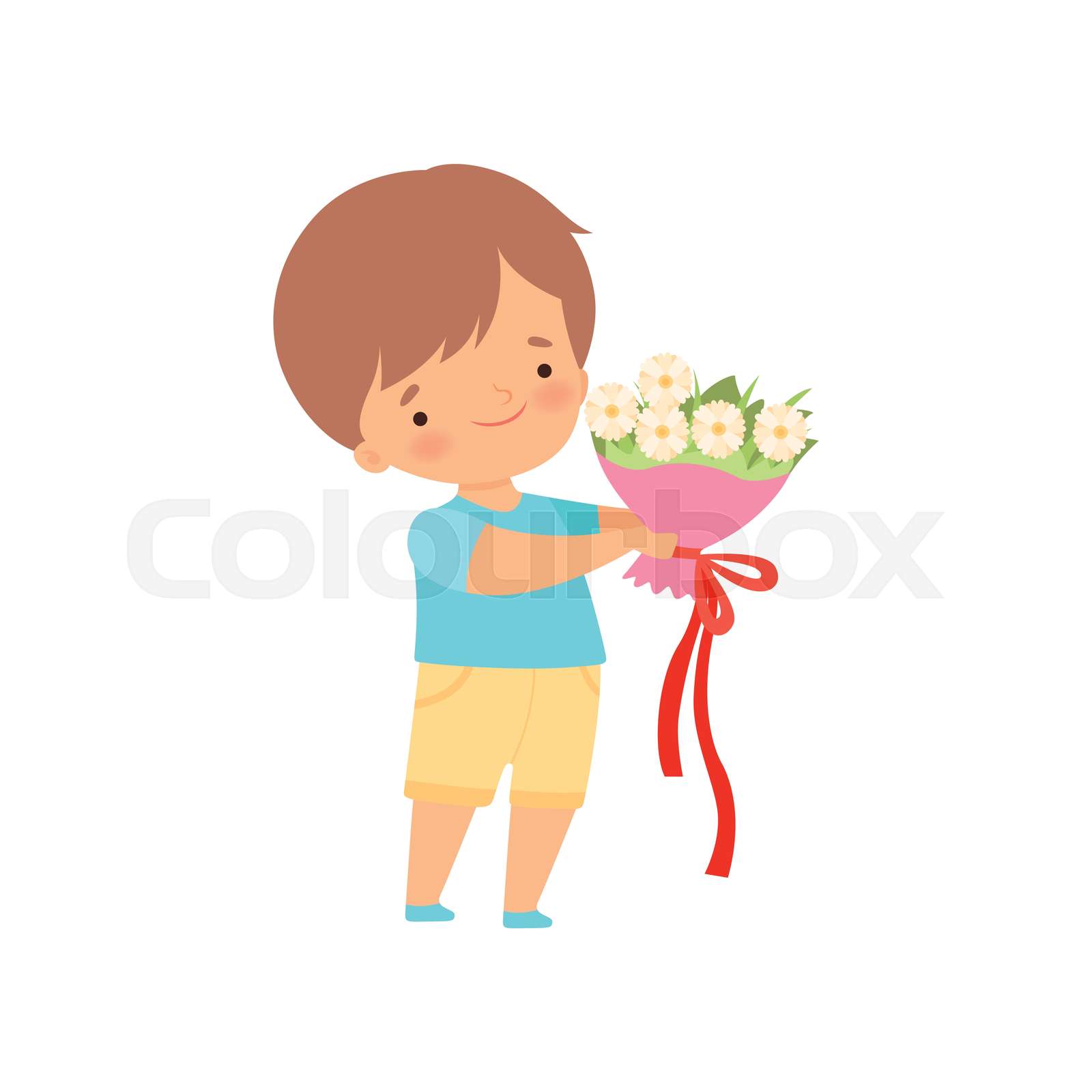 Cute Little Boy Standing with Bouquet of White Flowers Cartoon Vector ...