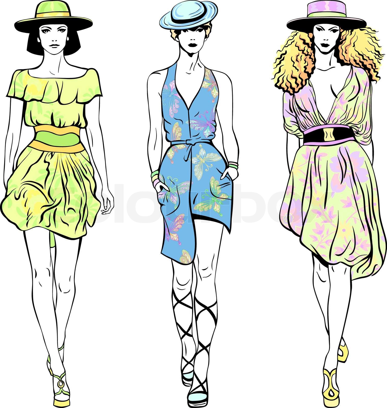 Vector set fashion top models in summer dresses and hats | Stock vector ...