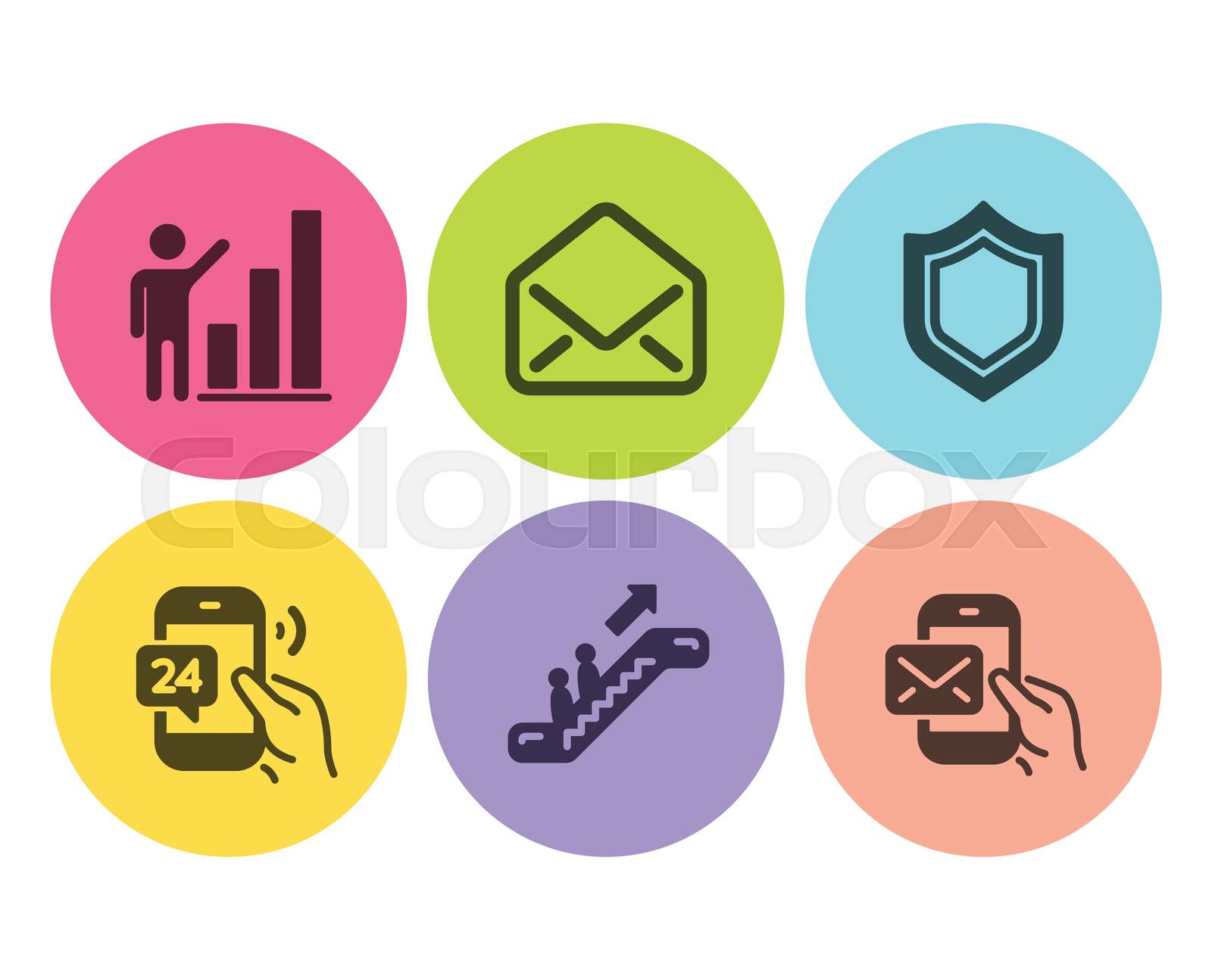 Graph chart, Mail and Escalator icons set. 24h service, Security and ...