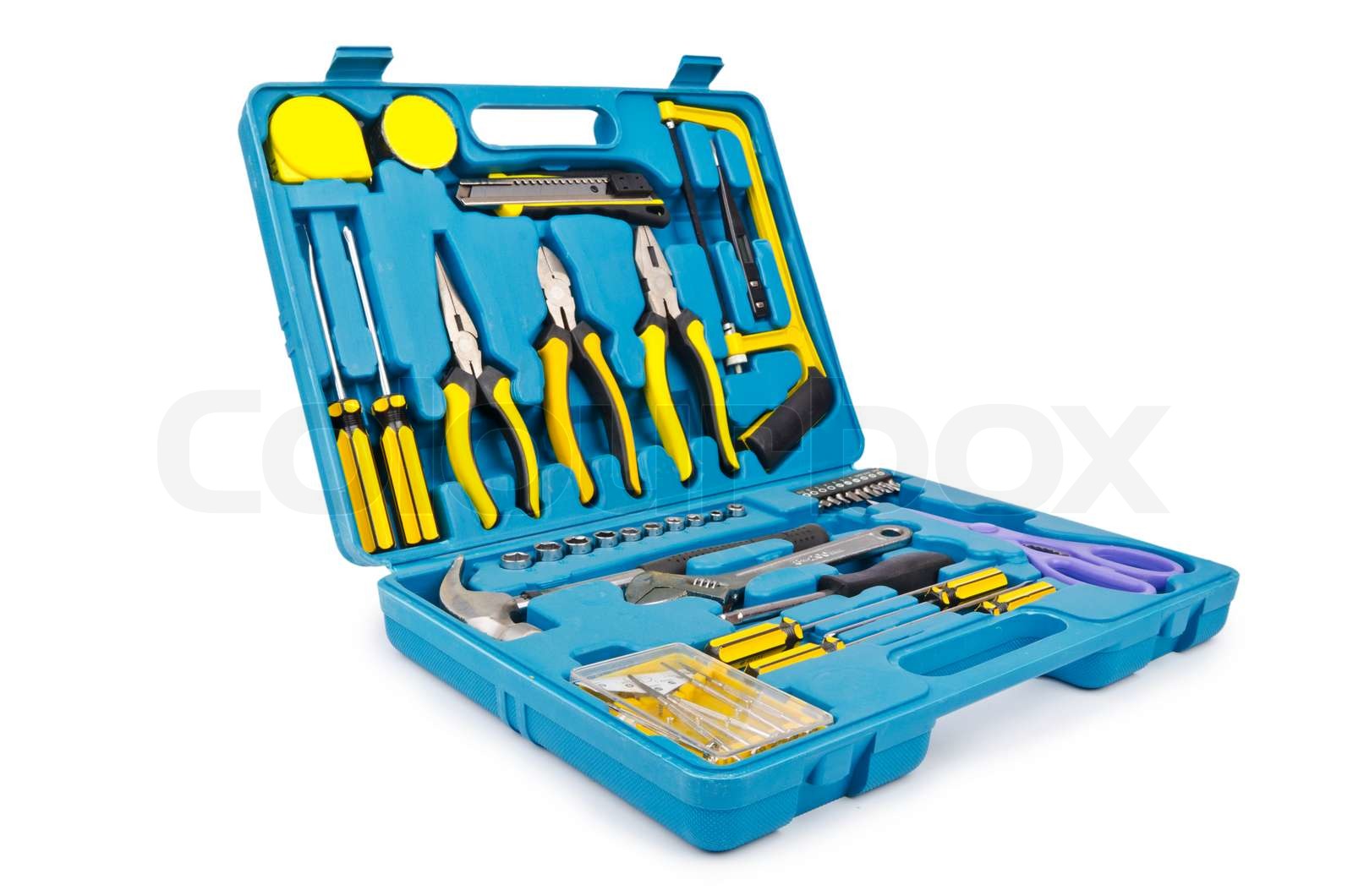 Toolkit with many tools isolated on white | Stock image | Colourbox