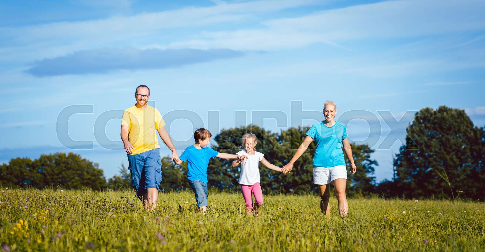 Family holding hands running over meadow | Stock image | Colourbox