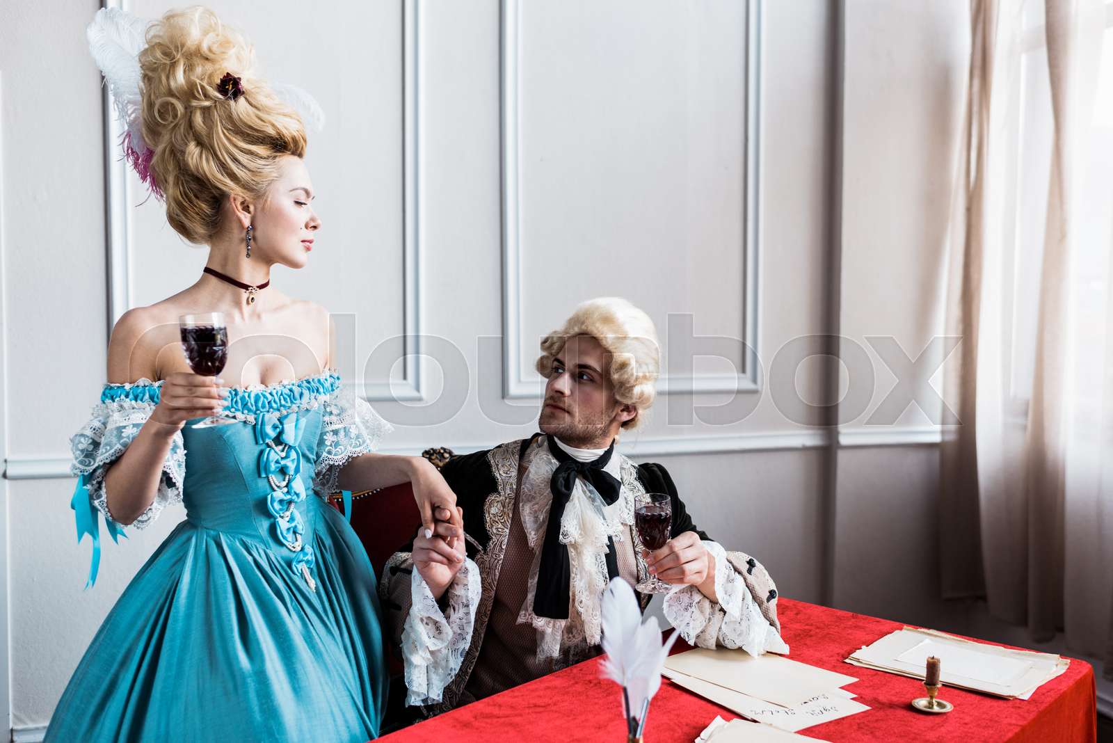 victorian girl in wig holding hands with handsome pompous man with ...