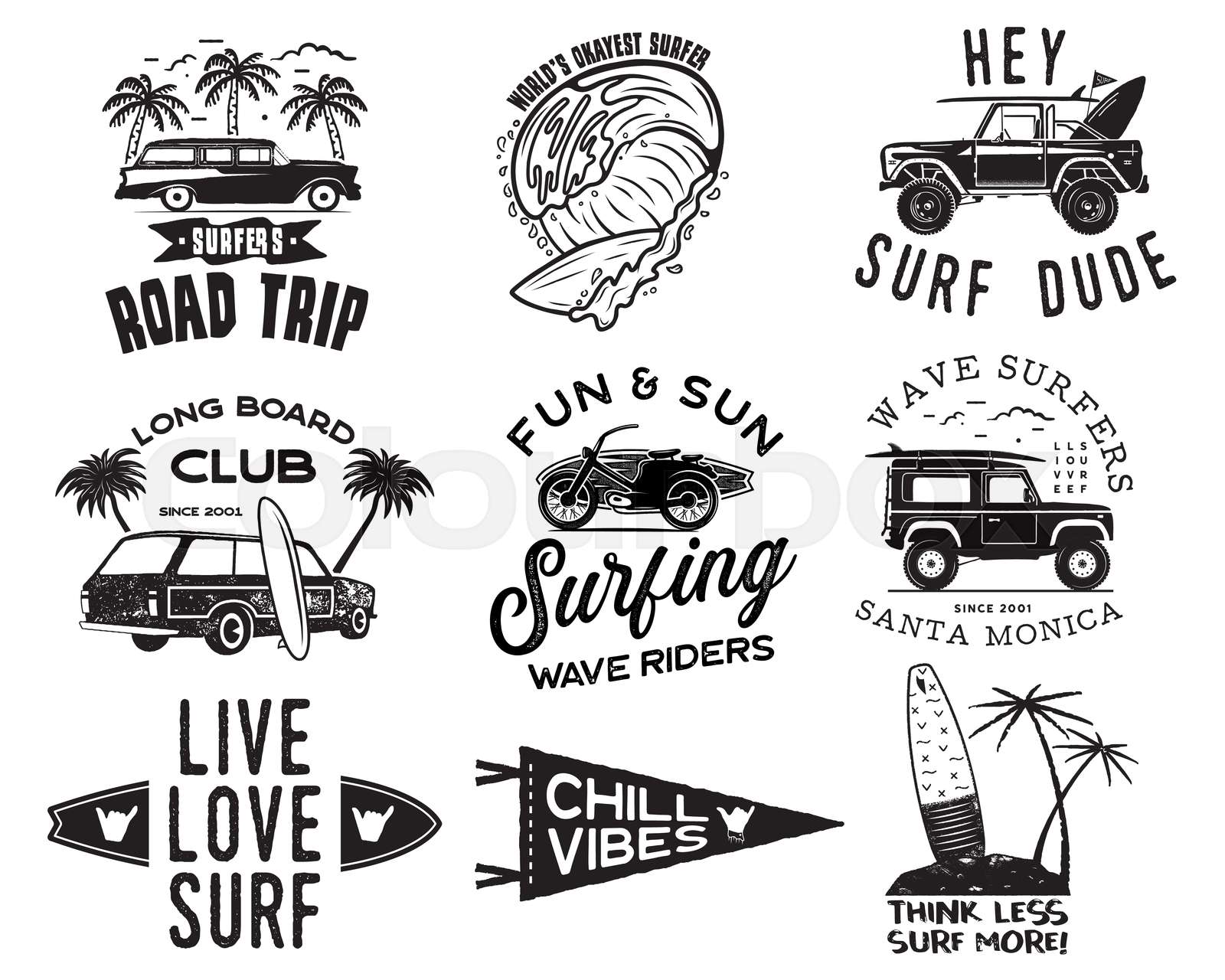 Vintage Surfing Graphics Logos Set for web design or print. Surfer ...