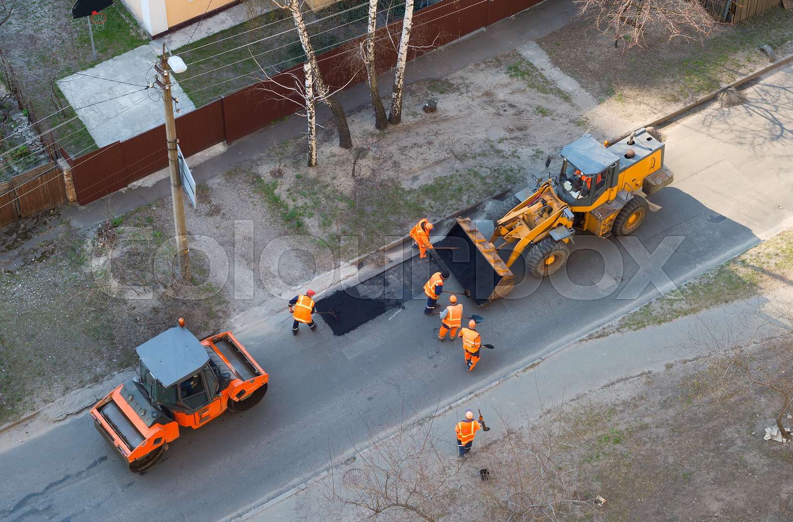 fixing road, asphalt, excavator people | Stock image | Colourbox