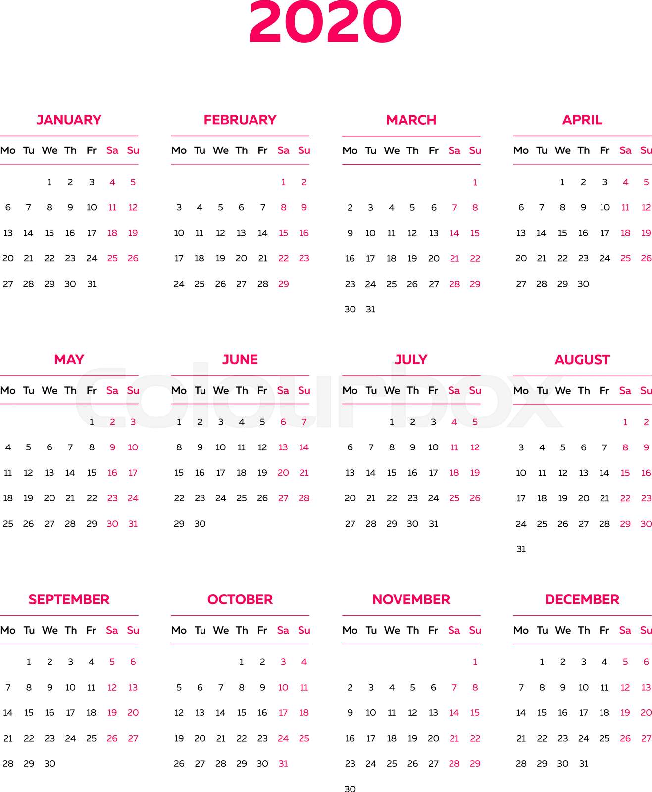 The 2020 calendar template with classical monthly columns | Stock ...