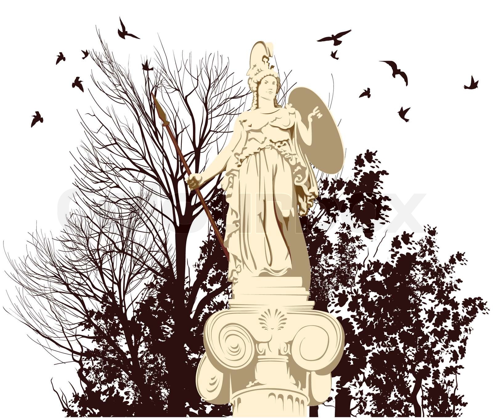 statue of greek goddess of wisdom Athena on the trees background ...