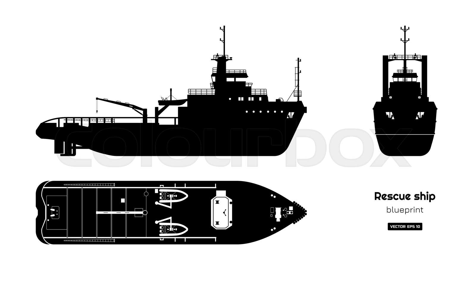 Black silhouette of rescue ship on white background. Top, side and ...