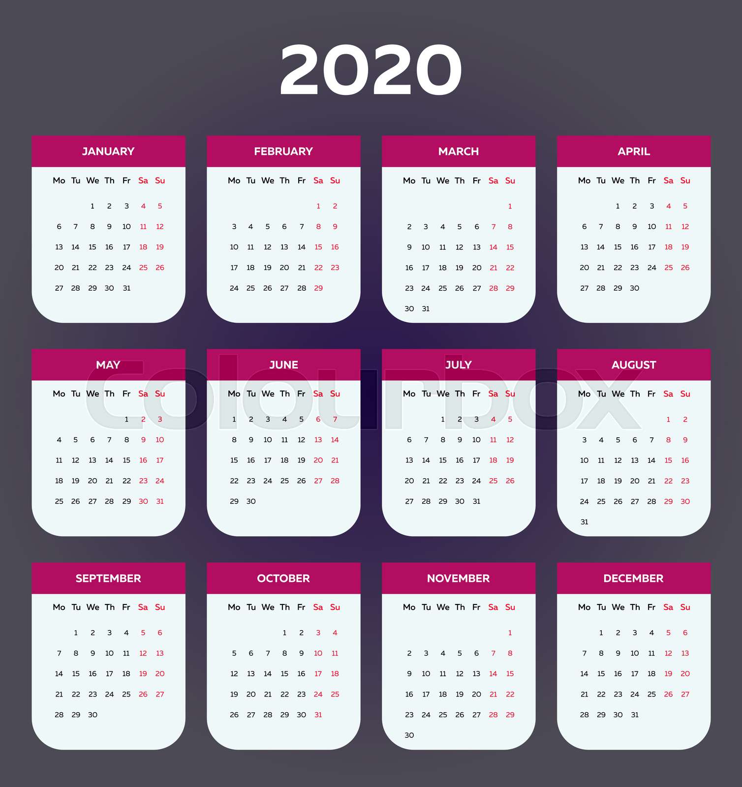 The 2020 calendar template with rounded angled boxes | Stock vector ...