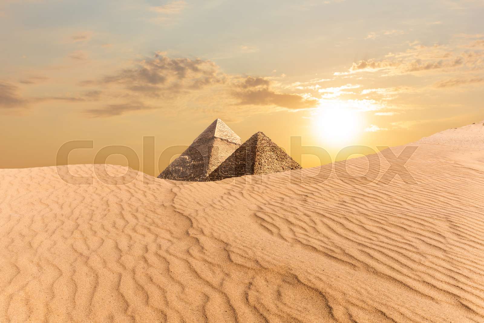 The Pyramid of Khafre and the Pyramid of Menkaure, view from sand-dunes ...