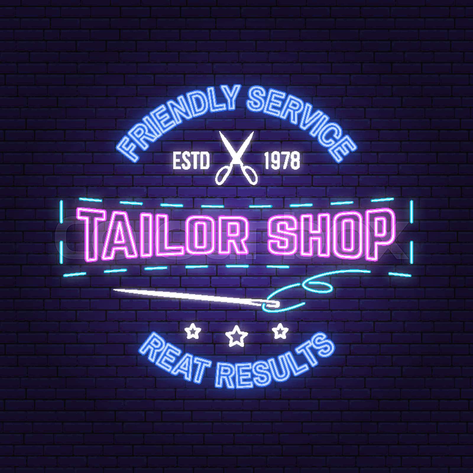 Tailor shop neon design or emblem. Vector. Night neon signboard ...