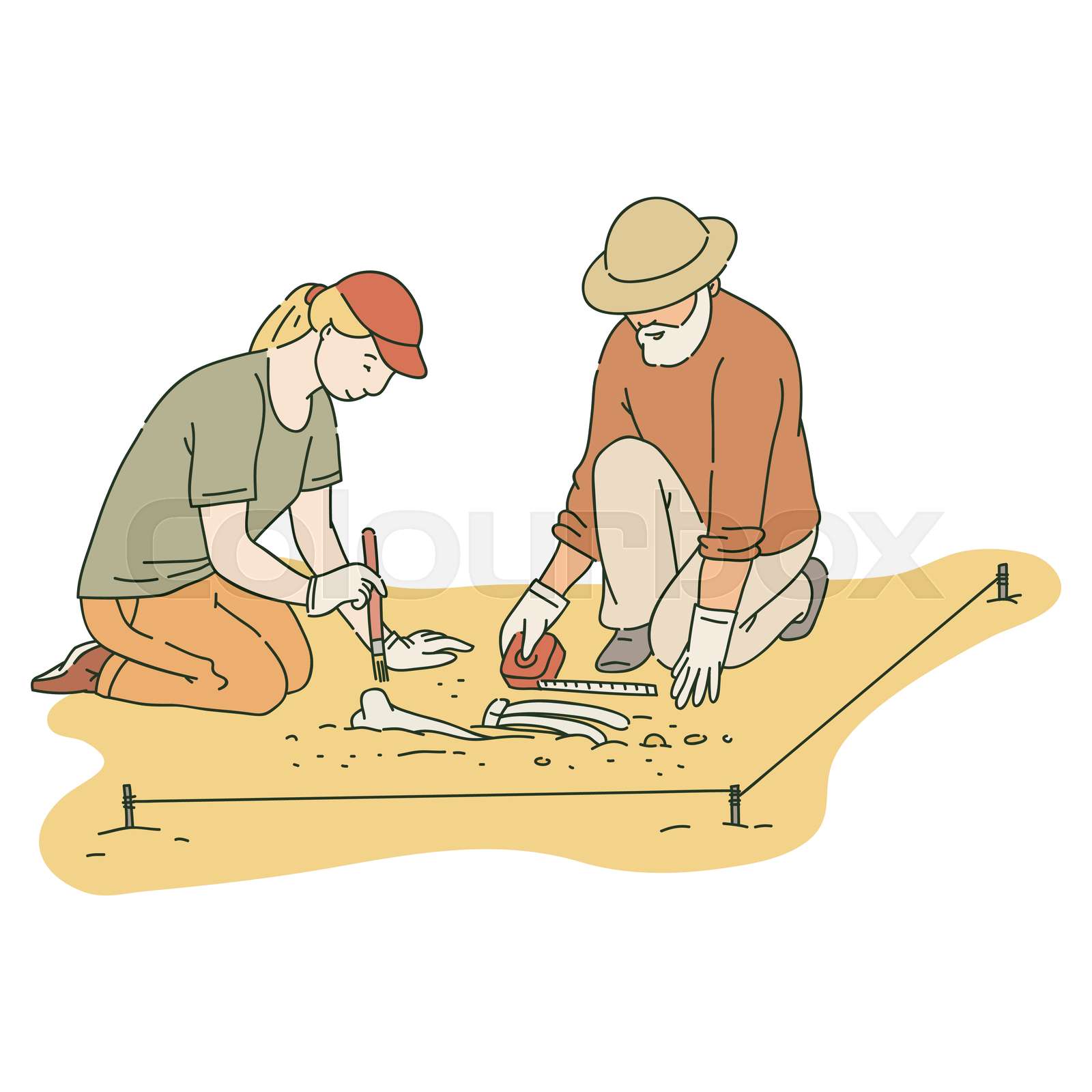 Male and female archaeologists working on site with special tools ...