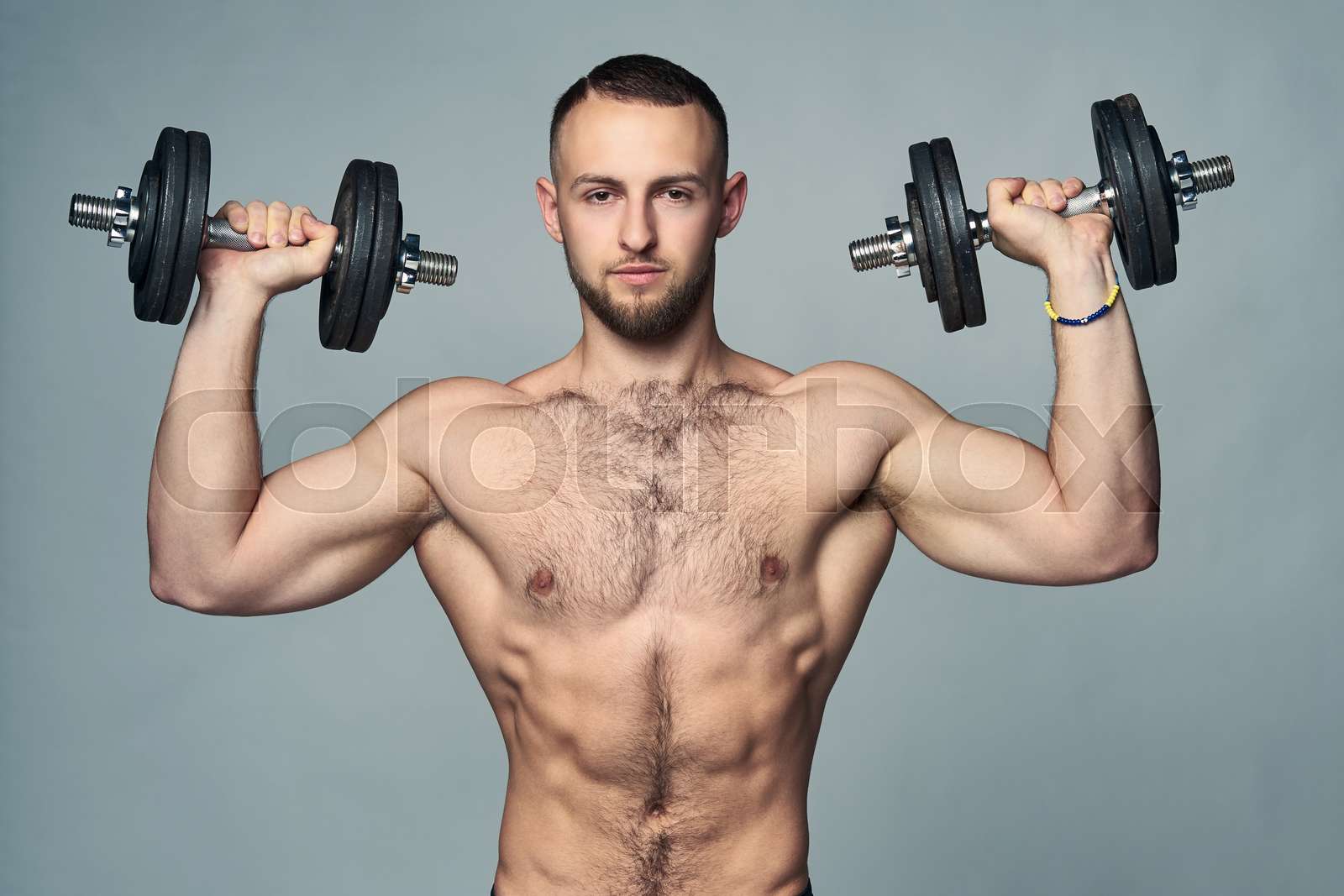 Strong shirtless sport man with dumbbells isolated | Stock image ...